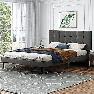 IULULU Queen Bed Frame, Upholstered Platform Bed Frame with Linen Fabric Headboard, Queen Size Mattress Foundation with Wooden Slats Support, Easy Assembly, No Box Spring Needed, Dark Grey