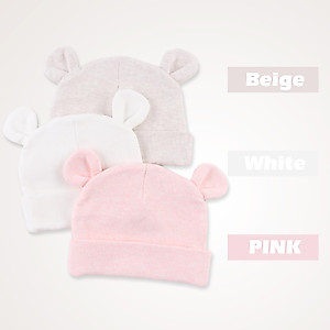 Cotton Newborn Baby Girls Hat Spring Newborn Boys Hat Cute Rabbit Infant Beanie (White+Pink+Khaki(Premiee/Newborn))