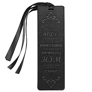 FINPAC Leather Bible Bookmarks, Vegan Leather Bookmarks, Religious Bookmarks, Bible Verse Book Markers Church Gifts for Women Men [Trust in The Lord with All Your Heart] - Black
