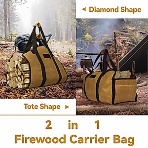 Cupohus Extra Large 2in1 Firewood Carrier Waxed Canvas Bag 44”x23”, Heavy Duty Log Holder Tote Bag with Handles and Shoulder Strap for Indoor Fireplace Wood Stove Accessories, Outdoor Camping (Khaki)