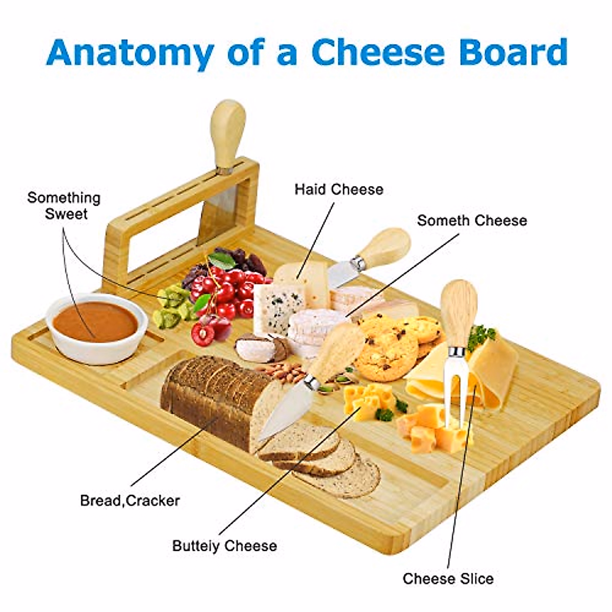 Bamboo Cheese Board and Knife Set - Charcuterie boards Bamboo Wood Cutting Platter and Cheese Serving Tray for Wine, Crackers,Brie, Fruits, Bread and Meat