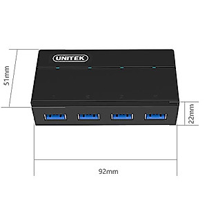 UNITEK Active USB Hub 4 Port 3.0 Gen 1 + Power Supply, SuperSpeed Data Hub Multiport Splitter for PC, Laptop, Keyboard, Mouse, Printer, iOS (Mac) + Windows Compatibility, Plug & Play Black