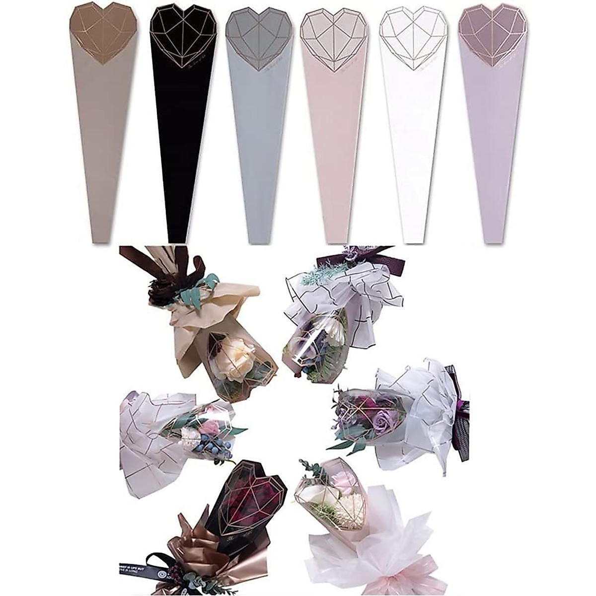 JOSON 24Pcs/6 color flower packaging bag single rose flower bag waterproof material simple diamond heart shape gift packaging