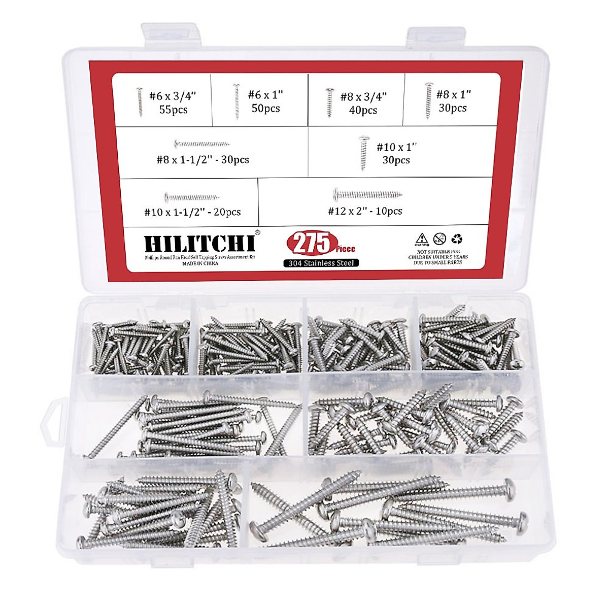 Hilitchi 275-Piece Stainless Steel Phillips Round Pan Head Self Tapping Screw Assortment Kit (Round Pan Head)