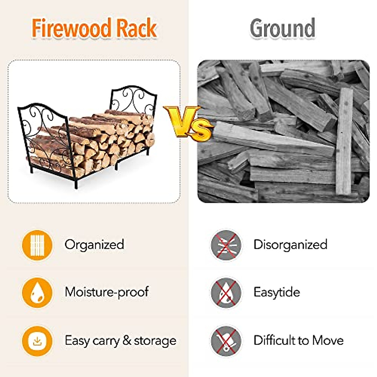 IDEALHOUSE Fireplace Decorative Firewood Rack 30 Inch Iron Indoor/Outdoor Firewood Storage Rack Log Stand Stacker Holder Wood Rack for Firewood (L)