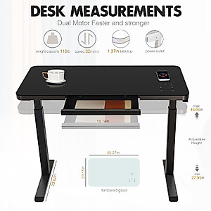 AIMEZO Standing Desk with Drawer Ergonomic Tempered Glass Electric Sit-Stand Height Adjustable Computer Workstation,with Touchscreen Controller&Wireless Charging &USB Port, and Power Strip