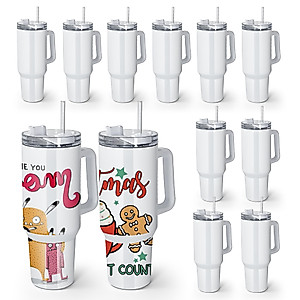 sweet grain 40oz Sublimation Tumbler with Handle and Straw Lid, 12 Pack Double Wall Vacuum Reusable Stainless Steel Insulated Water Bottle Travel Mug Cup, White, DIY Gift