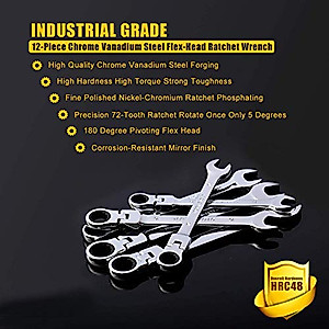 Yashong 12-Piece 8-19mm Metric Flex-Head Ratcheting Wrench Set, Professional Chrome Vanadium Steel Ratchet Wrenches, Combination Ended Spanner Kit with Portable Canvas Bag
