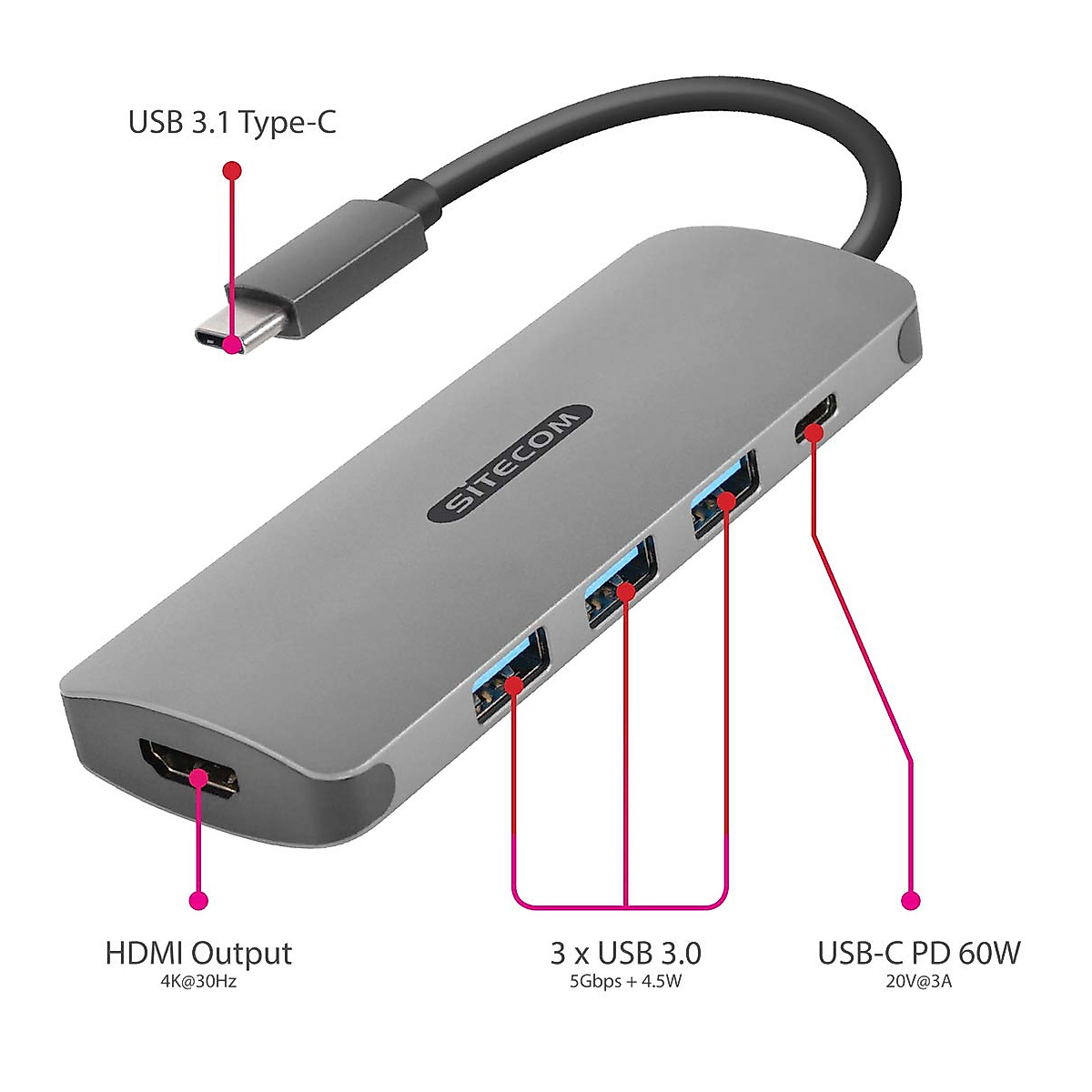 Sitecom USB-C to HDMI Adapter - with USB-C Power Delivery + 3 USB 3.0 Ports