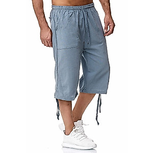 Rela Bota Mens Cotton Linen Pants Casual Beach 3/4 Shorts Summer Trousers Elastic Waist Lightweight 2XL Blue
