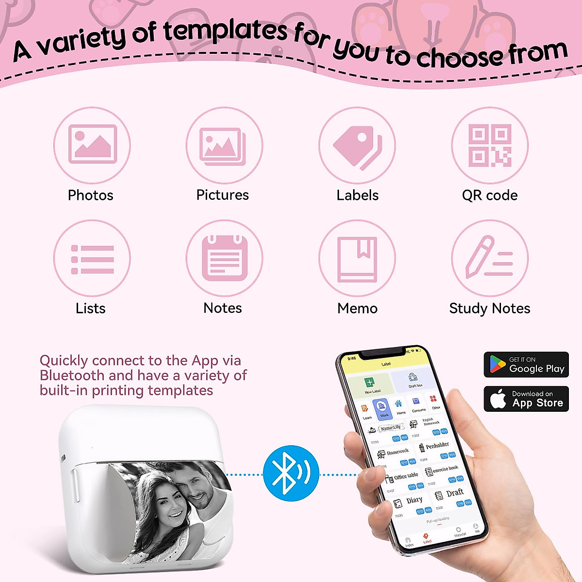 Qoosea Mini Printer Portable Printer with 13 Rolls Paper Storage Bag Thermal Sticker Printer Bluetooth App for Phone for Notes Pictures DIY Label Gift for Kids Friends