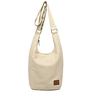 Hippie Crossbody Bag Large size Top Zip Cotton Sling Bag Jacquard cloth Handmade Bags (Tan Beige)