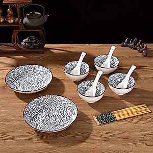 TJ Global 14-Piece Japanese Asian Cuisine Bowl Set with 4 Bowls, 4 Pairs of Chopsticks, 4 Soup Spoons and 2 Deep Plates for Serving Dinner, Rice, Soup, Dessert, Salad, Etc.