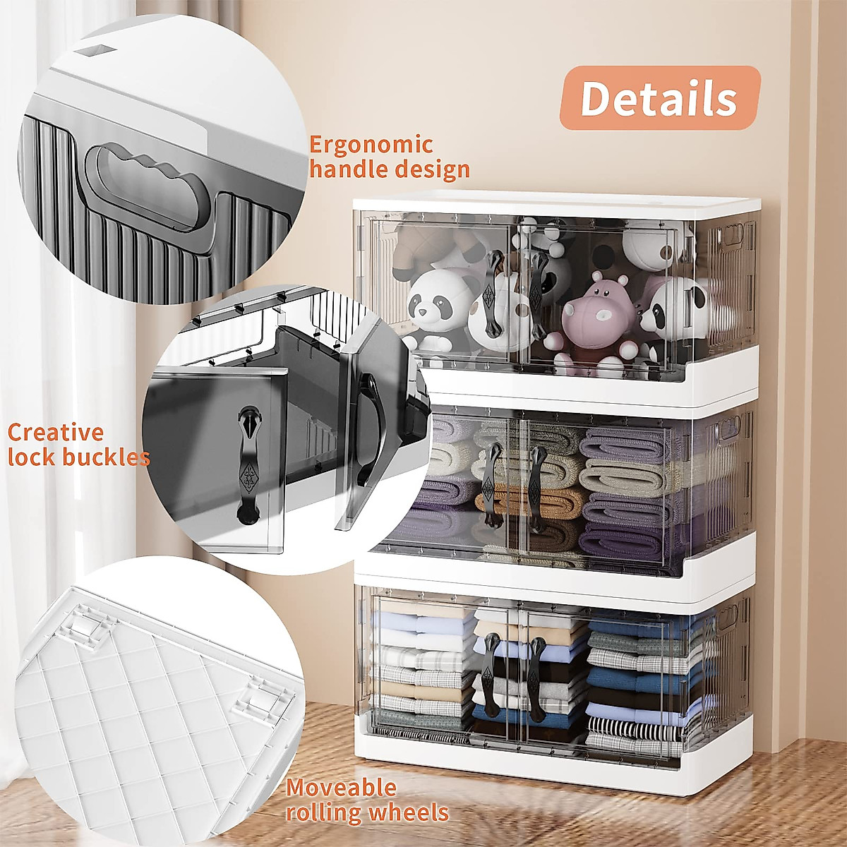 Mihoho Large Storage Bins with Lids, 34.5-Gal Stackable Plastic Storage Box with Wheel, 2 Layers Storage Containers for Closet Office Organizing, Clothes, Books, Folding Storage Box Set (2 Layers)