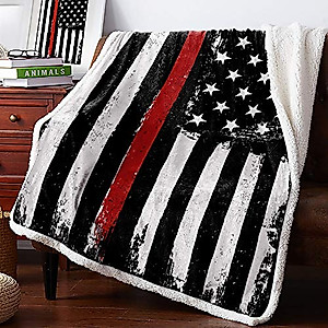 Sherpa Fleece Throw Blanket Black White and Red American Flag Home Decor Reversible Fuzzy Warm and Cozy Throws, Honoring Firefighters Redline Super Soft Plush Bed TV Blankets for Couch/Sofa/Travel