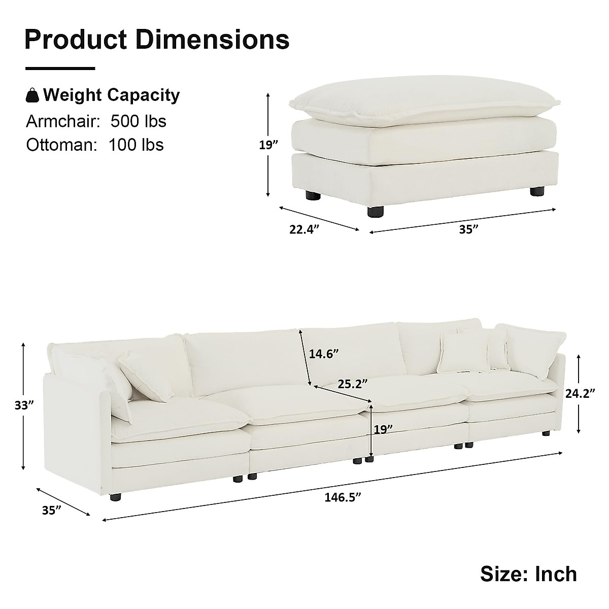 Linyuanwai Chenille 4-Seater Sofa Couch, Comfy Oversized Cloud Couch with Deep Seat and 6 Pillows Lounge Upholstered Large Sofa for Living Room Bedroom Office Apartment (White)