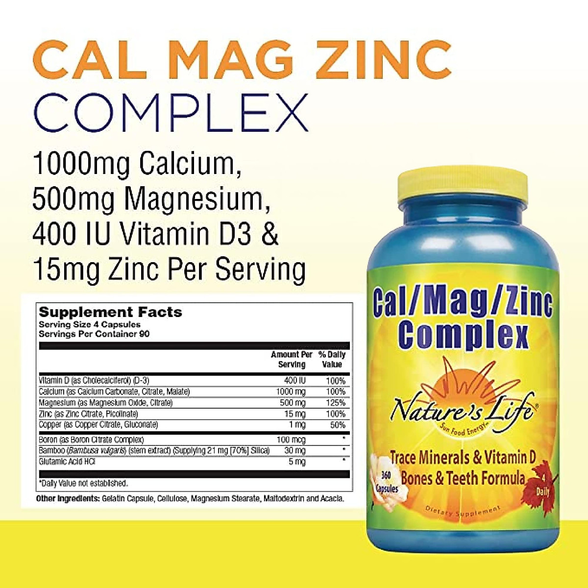 Nature's Life Cal Mag Zinc Complex 100% Daily Value of Calcium, Magnesium, Zinc & VIT D3 for Bone & Heart Health Support 360 Vegetarian Capsules