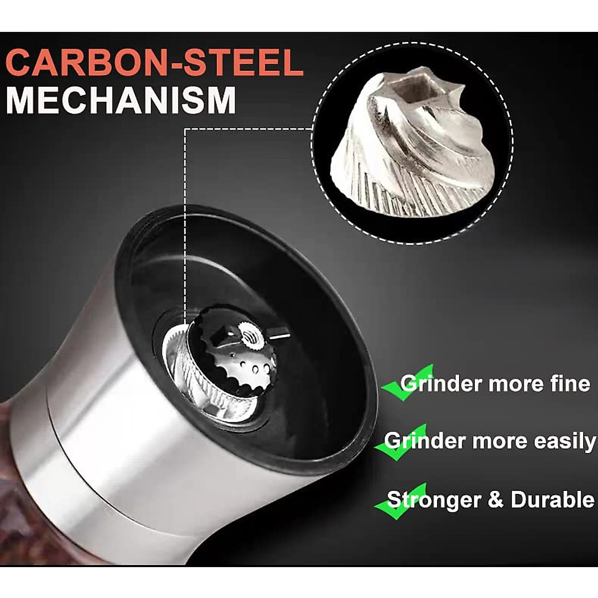 Ebaco Professional Pepper Grinder - with Germany Hardened Carbon Steel Mechanism Rotor, Refillable Pepper Mill 6OZ Glass Adjust Coarseness (1PCS-Sliver-304）