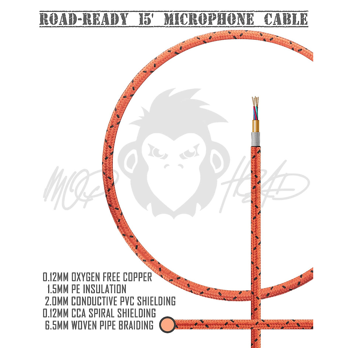 Mophead 15-Foot Balanced XLR Microphone Cable - 3-Pin XLR Male to XLR Female Pro Grade Double Insulated Tweed Braided (Red and Black Stripes)