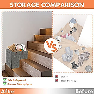 YOCOMEY 2 Pack Foldable L-Shape Stair Basket Organizer, Collapsible Fabric Staircase Storage Organizer with Faux Leather Handles, Large Stair Step Basket Bin for Laundry Toys Household Items (Brown)