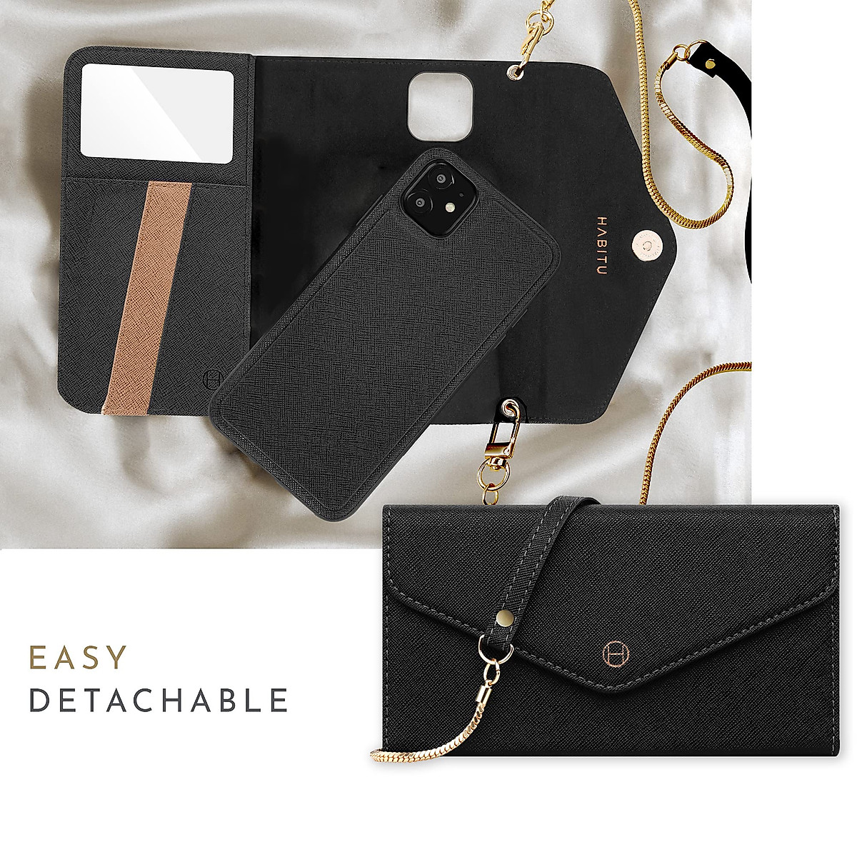 HABITU [Folio Collection 2022 Selene Crossbody Black Wallet Case for iPhone XR/11, Detachable Vegan Leather Magnetic Folio with Card Pockets, Mirror & Strap for Women, for Women