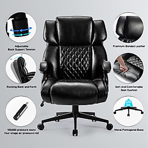 YI DANICA High Back Big & Tall 400lb Office Chair - Heavy Duty Metal Base, Adjustable Tilt Angle Large Bonded Leather Ergonomic Executive Desk Computer Swivel Chairs