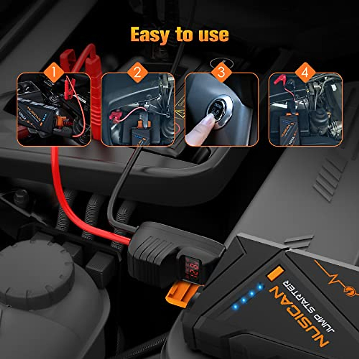 NUSICAN Car Jump Starter Portable, 1000A Peak Battery Charger Jumper Starter for up to 7L Gas or 5.5L Diesel Engine, 12V 12800mAh Lithium Battery Booster Jump Box with Smart Clamp Cables, LED Light