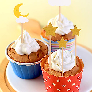 TAJIAA 36PCS Glitter Star Moon and Clouds Cupcake Toppers Picks for Birthday Party Baby Shower Wedding Christmas Valentine's Day Decorations