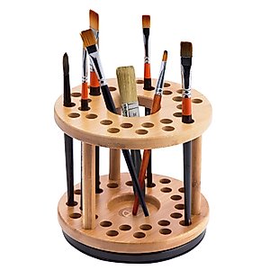 J JACKCUBE DESIGN 360 Rotating Paint Brush Holder Bamboo Watercolor Artist Brush Water Coloring Organizer Display Stand Tray Rack with 27 Holes and 1 Big Hole – MK441A