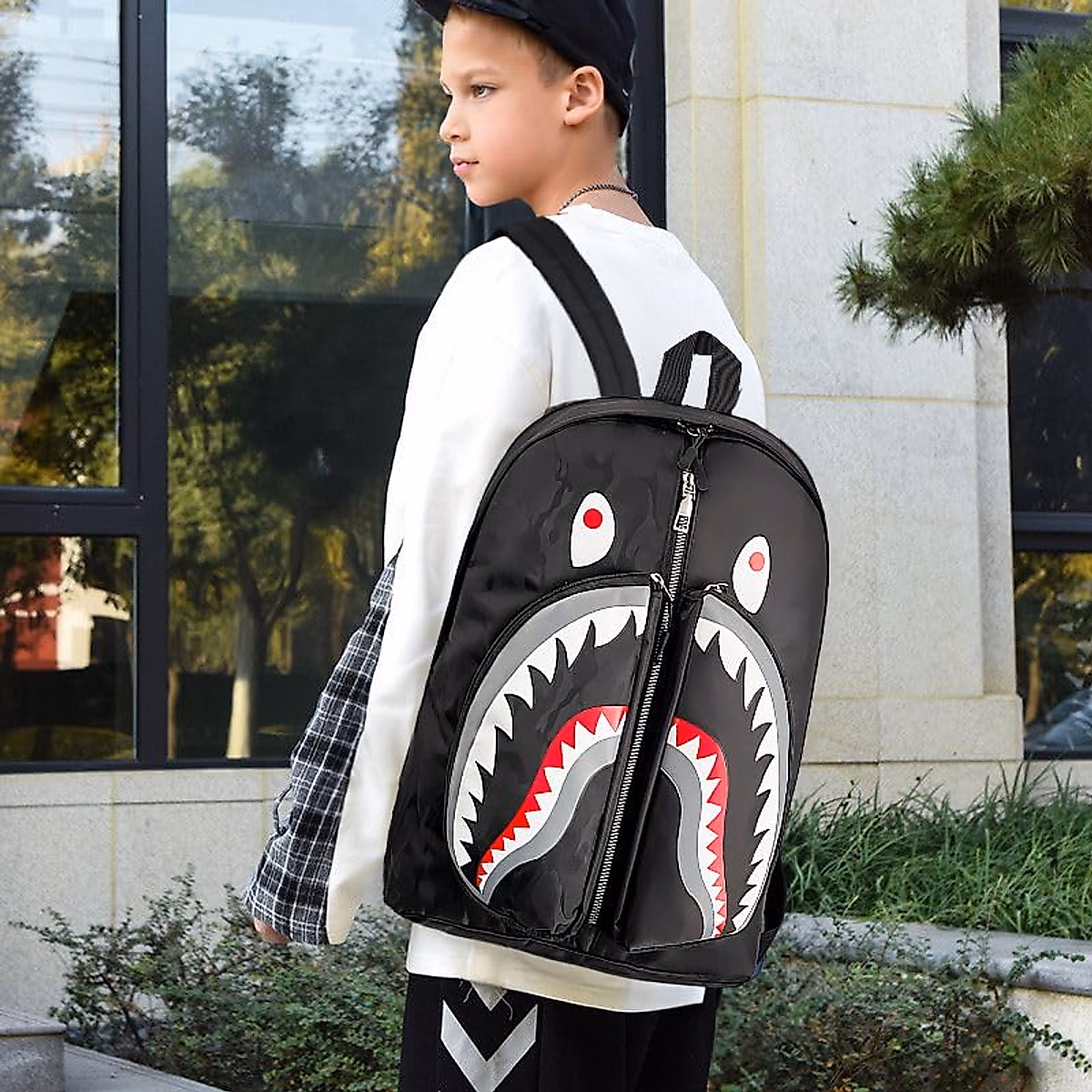 YAWOUM Anime Backpack School Backpacks Shark Waterproof Travel Daypack For Teens Boys Girls Outdoors Casual Backpack,15.7inch, Black