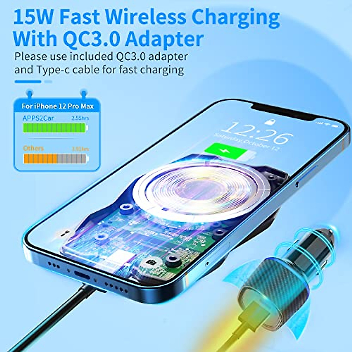 Magnetic Wireless Car Charger Mount, Auto-Alignment Dashboard Windshield Car Wireless Charger Holder Compatible with iPhone 13/12/Mini/Pro/Pro Max/MagSafe Case, 15W Fast Charging with QC3.0 Adapter