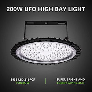 Viugreum 10 Pack 200W UFO LED High Bay Lights, 20000LM 6500K Daylight White Ultra Thin Highbay Light Fixtures, 110V IP65 Waterproof Bay Lighting for Garage Factory Warehouse Gym