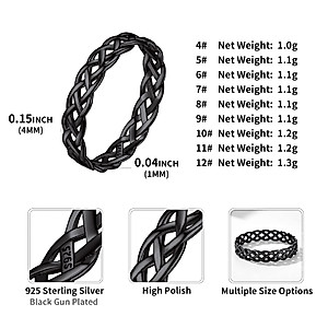 ChicSilver 4mm Black Celtic Knot Ring for Women 925 Sterling Silver High Polished Engagement Wedding Band Size 7