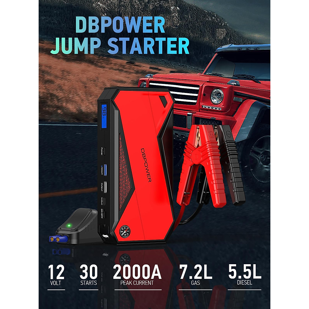 DBPOWER Peak 2000A 18000mAh Portable Car Jump Starter (up to 7.2L Gas, 5.5L Diesel Engine) Battery Booster with Smart Charging Port, Compass, LCD Screen and LED Light (Black/Red)