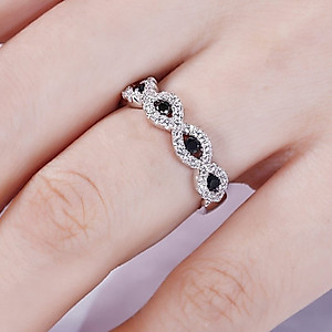 Jeulia Engraved Half Eternity Wedding Band Sterling Silver Sapphire Blue Stackable Engagement Rings White Diamond Cubic Zirconia CZ Anniversary Promise Rings with Jewelry Box (Black, 6.5)