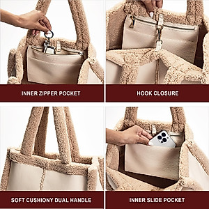 Like Dreams Large Sherpa Tote Bag, Inner Pocket Vegan Leather, Large Tote Hand bags for Women, Fashion Winter Purse (Ivory)