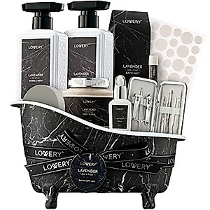Valentine Gifts Basket, Lavender Bath Gift Set, Relaxation Spa Kit, Father Day Gifts for Dad, 18pc Self Care Gift Basket for Women, Home Spa Birthday Gifts for Mom with Bubble Bath, Body Lotion & More