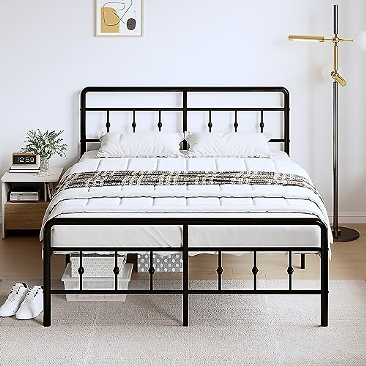 DiaOutro Classic Metal Platform Queen Bed Frame with Headboard and Footboard, 16 Inch No Box Spring Needed Heavy Duty Victorian Style Iron-Art Mattress Foundation/Under Bed Storage