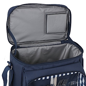 2 Person Blue Tartan Insulated Picnic Bag Set W/Cooler Section