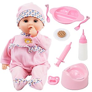Toy Choi's 16 Inch Interactive Baby Doll Pink - Talking Feeding Dolls with Different Sounds and Accessories, Pretend Play Preschool Toys Gift for Toddlers 2 3 4 5+ Year Old Girls Boys