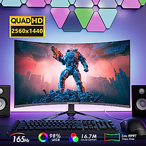 27 Inch Curved Gaming Monitor, QHD 2560 x 1440 Computer Monitor 144Hz/165Hz, 16:9 Wide HDR Display, FreeSync, 1ms Response, PC Monitor Built-in Speaker, 2* HDMI & DisplayPort, Tilt Adjustable