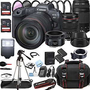Canon EOS R5 Mirrorless Digital Camera with RF 24-105mm f/4 L is USM Lens + 75-300mm F/4-5.6 III Lens + 50mm f/1.8 STM Lens + 128GB Memory + Case + Tripod + Filters (43pc Bundle)