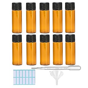 SKYPRO 5ml Mini Amber Glass Bottles with No-Hole Plugs and Cap for Essential Oils, Chemistry Lab Chemicals, Colognes & Perfumes(10Packs)
