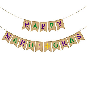 Rainlemon Jute Burlap Happy Mardi Gras Banner March Party Mantel Fireplace Garland Decoration Supply