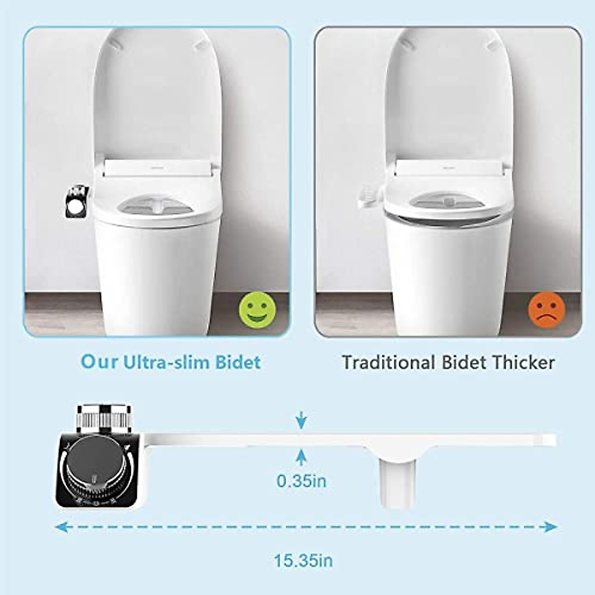 KKPOT Bidet Attachment for Toilet - Ultra Slim Non-Electric Bidet, Self Cleaning Dual Nozzle, Cold & Warm Water Bidet Seat Attachment with Temperature & Pressure Controls