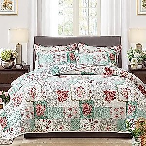 UOZZI BEDDING 3 Piece Floral Patchwork Quilt Set Queen Size White Green Lightweight Coverlet Bedspread with Red Flower Floral Plaid Patchwork Spring and Summer Quilt Set (1 Quilt+ 2 Shams)