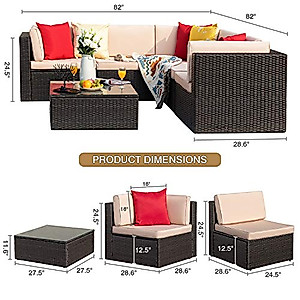 Homall 6 Pieces Furniture Outdoor Sectional Sofa All Weather PE Rattan Patio Conversation Set Manual Wicker Couch with Cushions and Glass Table, Beige