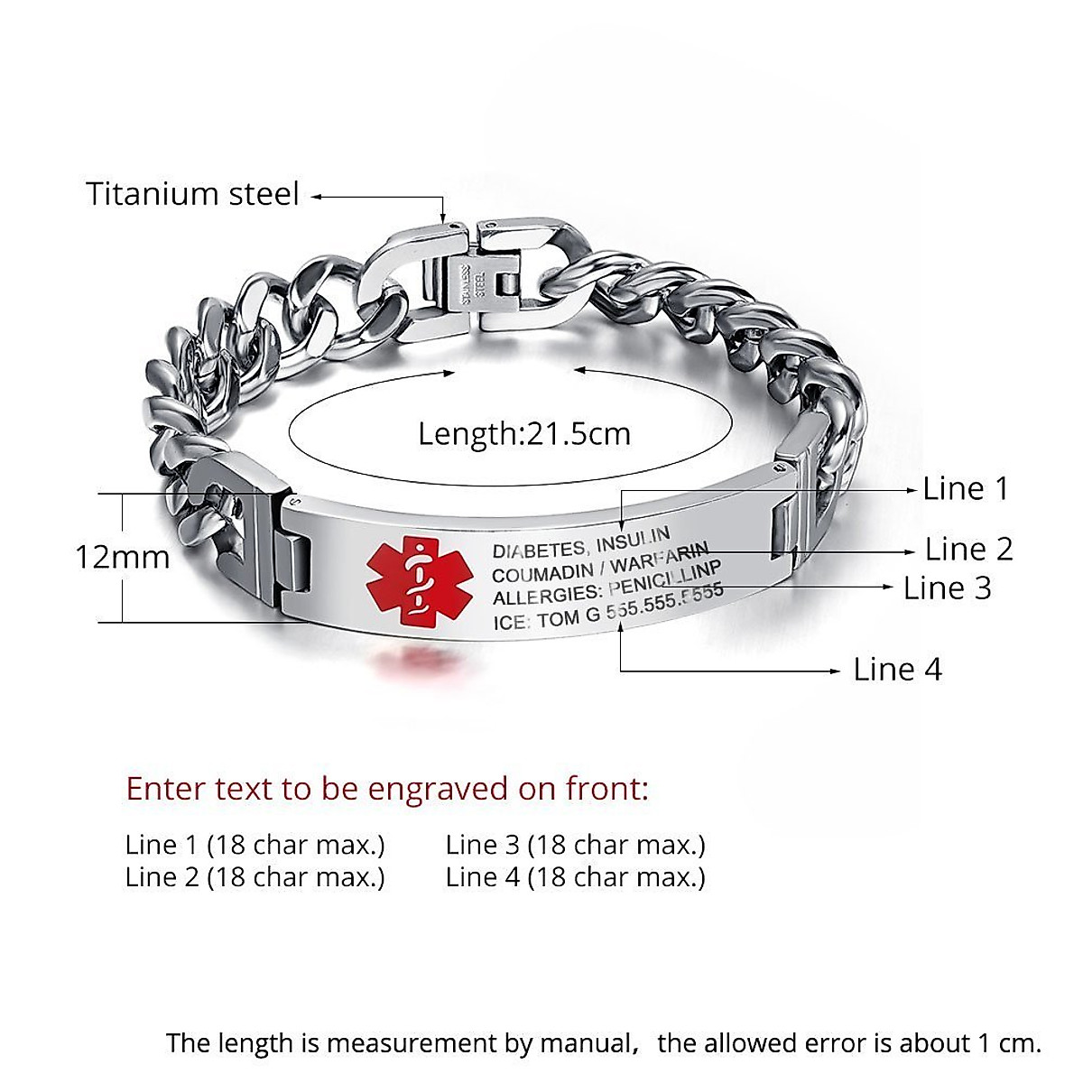 Lam Hub Fong Emergency Medical Alert Bracelets for Women Men Free Engrave Medical ID Bracelets 7.5 to 9.5 Inches Non Tarnish Titanium Steel Alert ID Bracelet (Silver-8.5 inches for men)