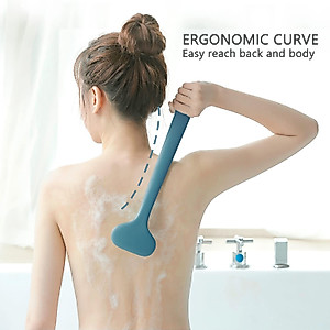 Upgraded Bath Body Brush with Comfy Bristles Long Handle Gentle Exfoliation Improve Skin's Health and Beauty Bath Shower Wet or Dry Brushing Body Brush (14 inch, Dark Blue)