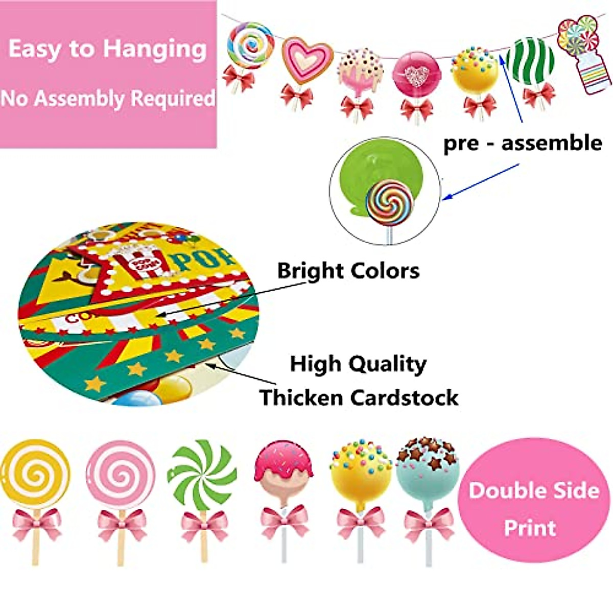 UOMNICUE 37PCS Candyland Party Decorations Set, Candyland Sign Banner Lollipop Cupcake Toppers for Sweet Candyland Themed Kids Baby Birthday Party Decoration Christmas Party Supplies